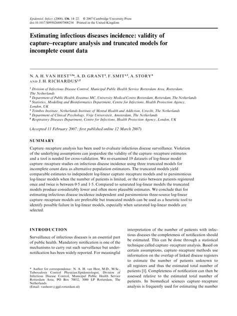 Pdf Estimating Infectious Diseases Incidence Validity Of Capture Recapture Analysis And