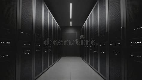 Dimly Lit Server Room With Rows Of Network Equipment Emitting Soft Lights Creating A Futuristic
