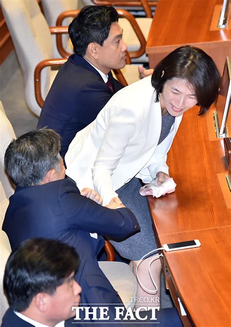 [tf포토] 전희경 표창원과 어색한 악수 웃는게 웃는 게 아니야 포토 기사 더팩트