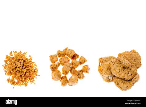 Different Types Of Textured Soy Protein Meat On White Background