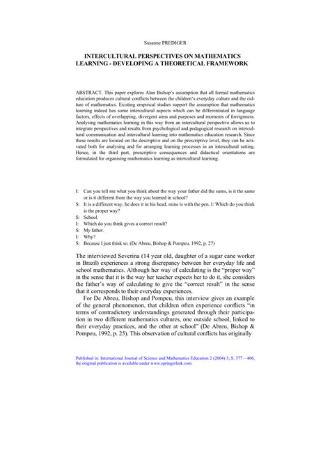 Pdf Intercultural Perspectives On Mathematics Learning Developing A