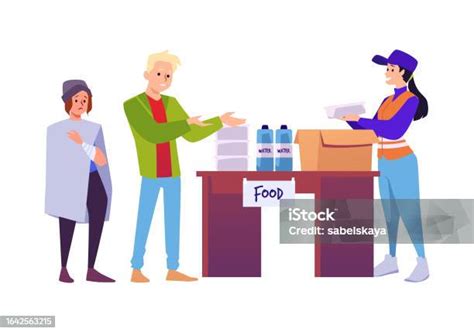 도움이 필요한 사람들에게 음식과 물을 제공하는 자원 봉사 활동가 벡터 만화 인도주의적 도움과 고통받는 사람들을 위한 지원 개념에 대한 스톡 벡터 아트 및 기타 이미지