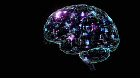a digital brain made of glowing blue and purple grids and binary code