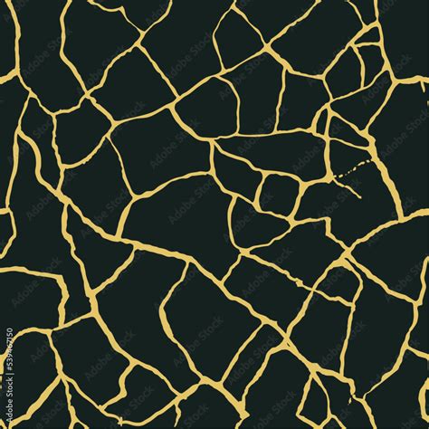 Gold Kintsugi Crack Vector Seamless Pattern Background Golden Irregular Joined Crackle Lines On