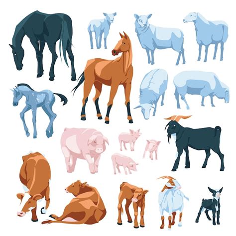 Conjunto De Animales De Granja Ovejas Caballo Vaca Cerdo Cabra Aislado