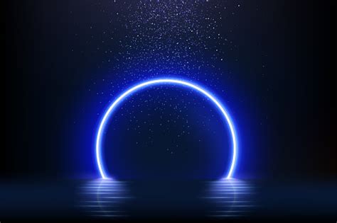 블루 네온 라이트 아치라이트 포털 떨어지는 반짝이 효과가있는 미래 지향적 인 스타일의 빛나는 문 추상적인 요정 아크 호화로운 색종이 조각의 비 아래 물에 반사됩니다 벡터