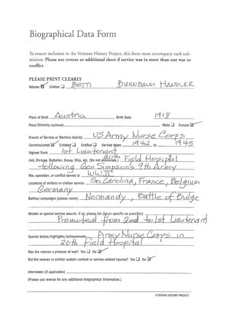 Fillable Online Biographical Data Form Veterans History Project Field