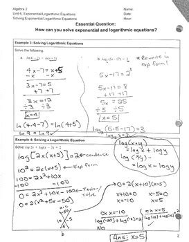 Algebra Solving Exponential Logarithmic Equations Guided Notes W Key