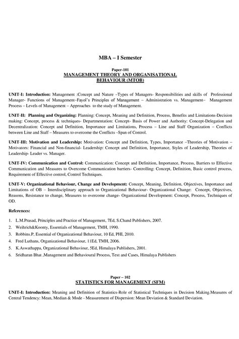 Mba Syllabus Mba I Semester Paper Management Theory And Organisational Behaviour Mtob