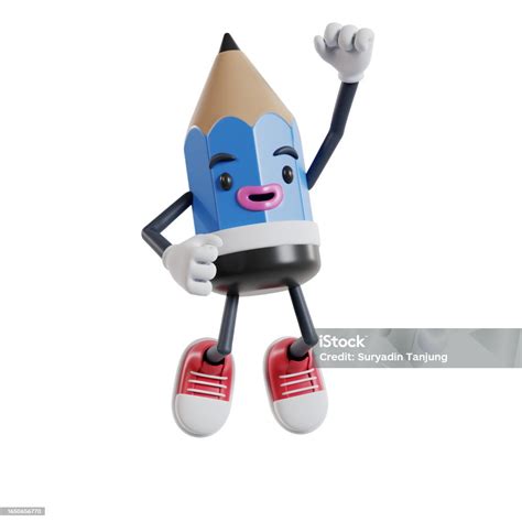 3d Pencil Cartoon Character Happy Jumping Celebrating An Event Or