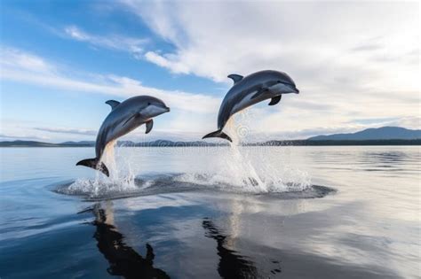Two Dolphins Jumping Out Of The Water In Synchronization Stock Photo