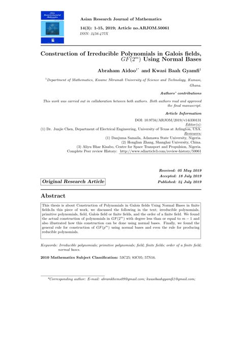 Pdf Construction Of Irreducible Polynomials In Galois Fields Gf 2 M