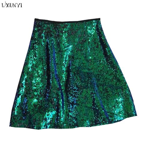Lxunyi Women Sequin Skirt Green Elegant Sexy Mini Skirts Female High