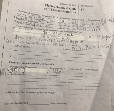 Solved Report Sheet Experiment Electrochemical Cells 17 And
