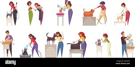 Grooming Icons Set With Cats And Dogs Flat Isolated Vector Illustration