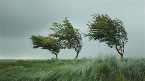 Strong Wind And Hurricane Trees Bend Under The Force Of The Wind Stock Image Image Of