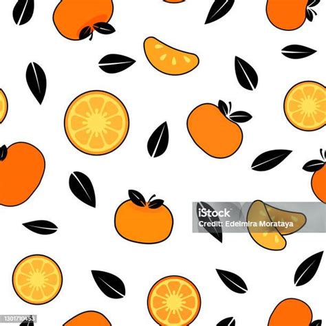 검은 색 윤곽과 검은 잎 흰색 배경 에 벡터 일러스트 매끄러운 패턴과 귤 과일 0명에 대한 스톡 벡터 아트 및 기타 이미지 0명 감귤 건강한 식생활 Istock