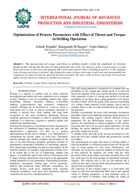 Pdf Optimization Of Process Parameters With Effect Of Thrust And Torque In Drilling Operation