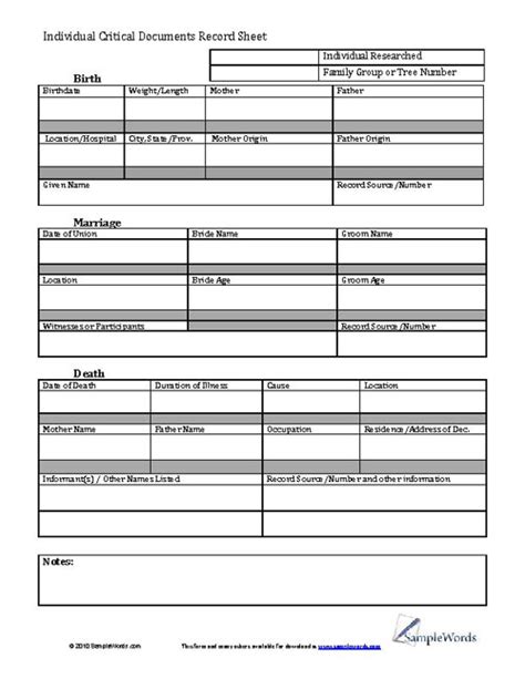 Individual Critical Documents Record Sheet