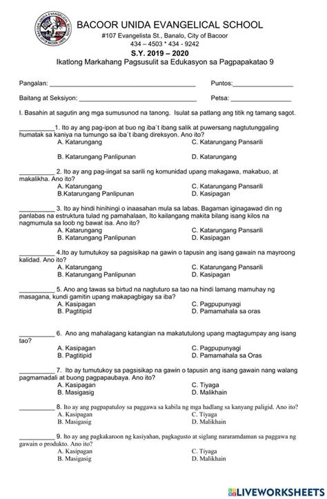EsP 9 3rd Periodical Exam Worksheet Summative Assessment Assessment