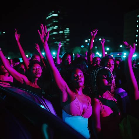 A Crowd Of People Are Cheering In A Crowd With Their Arms Raised