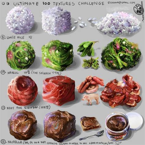 Material Texture Study Rice Spinach Nameul Meat Nutella Meat