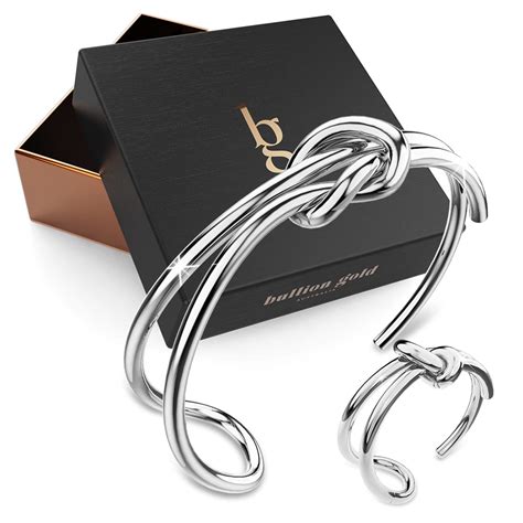 Boxed Forever Knot White Gold Titanium Cuff Bangle And Ring Set In White