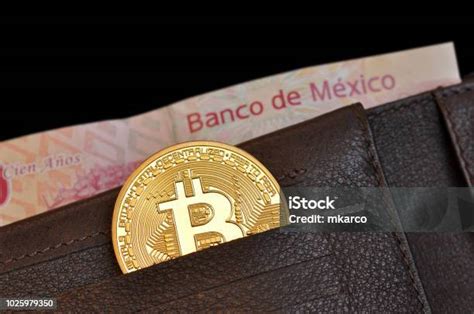 로마 이탈리아 2018 년 8 월 18 일입니다 Bitcoin 동전 지갑 가죽 및 멕시코 은행권 멕시코 페소 초점의 은행 암호