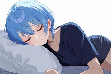 Safebooru 1girl Bed Sheet Blue Hair Blue Shirt Bob Cut Closed Eyes