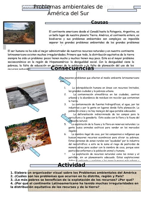 Ficha De Problemas Ambientales De América Del Sur Ciencias Sociales