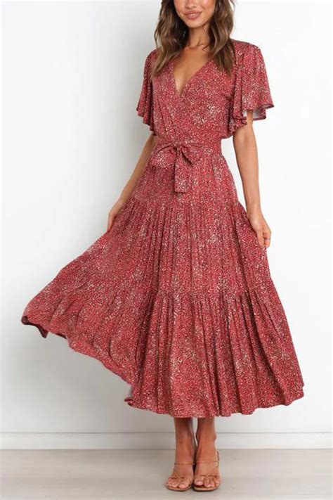 Print Ruffles Wrap Maxi Dress Levency Ruffle Midi Dress Neck Bodycon