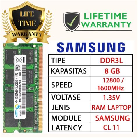 Jual RAM LAPTOP SAMSUNG DDR3L 8GB 12800 1600MHz ORI RAM SODIMM 1 35v