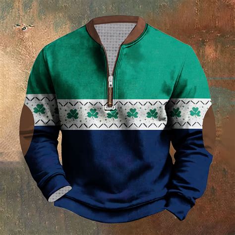 Aueoeo Men S Plus Size Pullover St Patrick S Day Vintage Graphic Half Zip Up Sweatshirt Casual