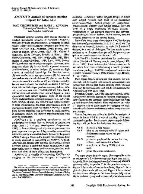 Anovatt Analysis Of Variance Teaching Template For Lotus 1 2 3