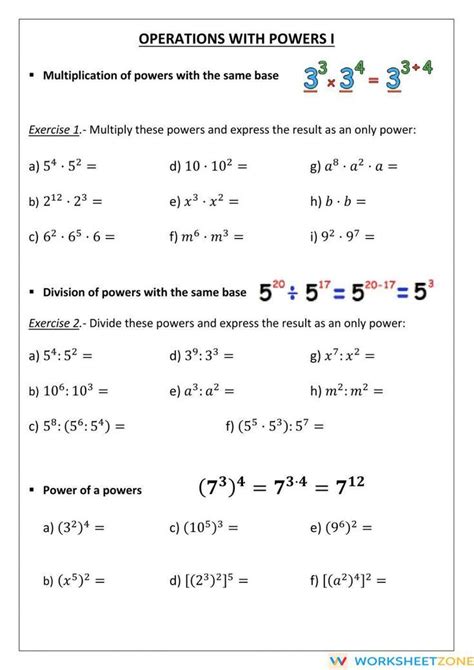 Math Worksheets Operations With Powers Worksheet