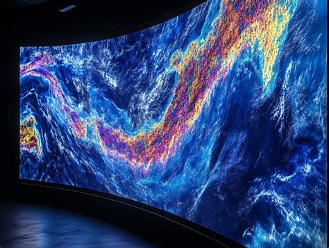 Heatmap Display Of Global Ocean Currents Shown On A Large Curved Screen