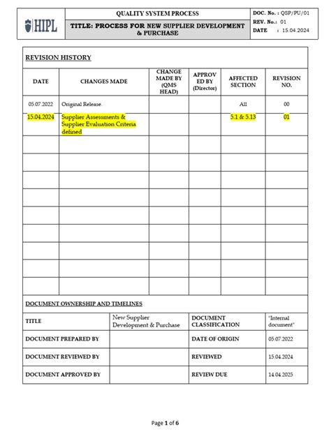 Qsp Pu 01 Process For New Supplier Development And Purchase Pdf