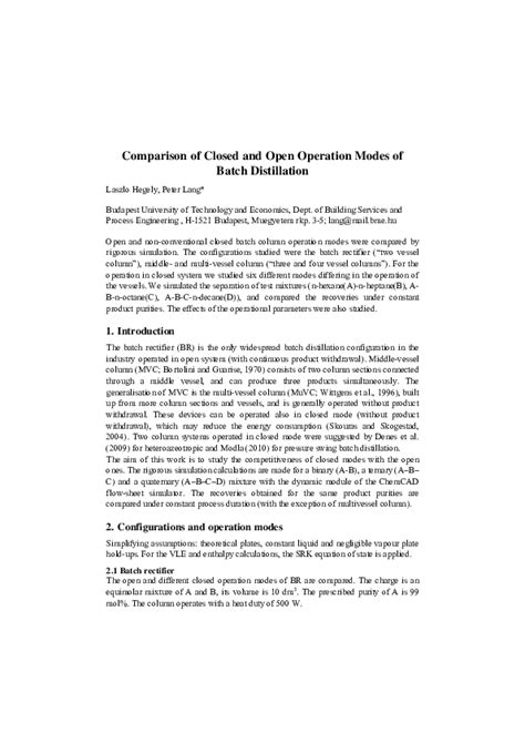 Pdf Comparison Of Closed And Open Operation Modes Of Batch Distillation Laszlo Hegely
