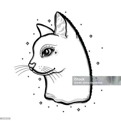 신비 하 고 신비로운 손으로 스케치 그래픽 그림 고양이 기호를 그립니다 벡터 일러스트입니다 점성술과 비 개념입니다 오래 된 패션