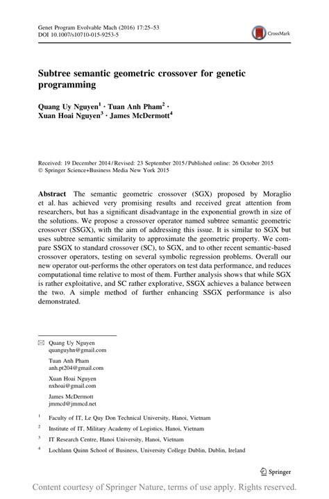 Subtree Semantic Geometric Crossover For Genetic Programming Request Pdf
