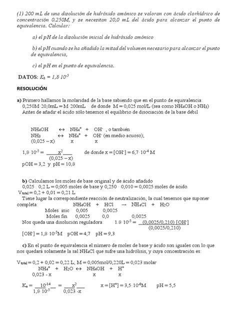 Problemas Ácido Base Resueltos Pdf Ph Ácido Clorhídrico