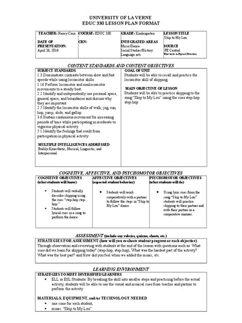 Locomotor Lesson Plan Pdf Physical Education Educational Assessment