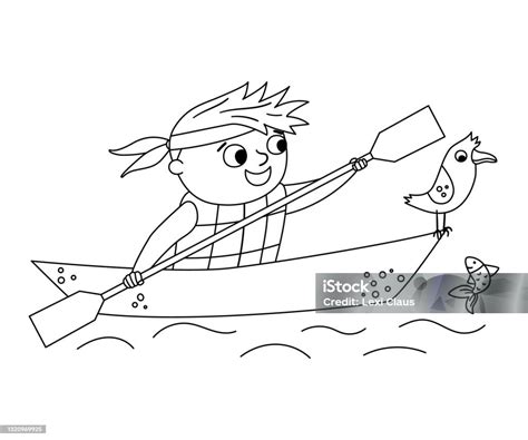 벡터 흑백 카약 소년 노젓는 사람과 갈매기가있는 보트에서 귀여운 아이와 함께 캠프 파이어 라인 래프팅 장면 야외 물 활동 또는 여름 캠프 관광 또는 여행자 개요 아이콘