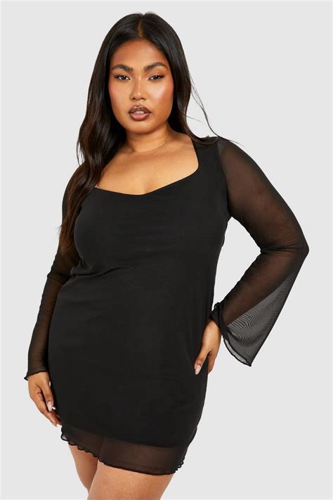 Plus Mesh Mini Jurk Met Wijde Mouwen Boohoo