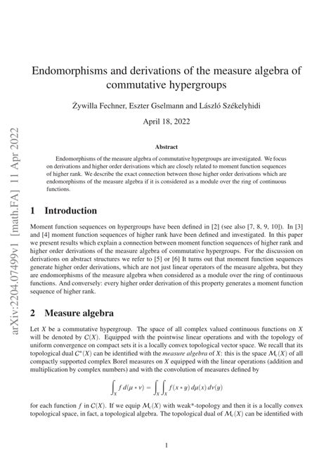 Pdf Endomorphisms And Derivations Of The Measure Algebra Of Commutative Hypergroups