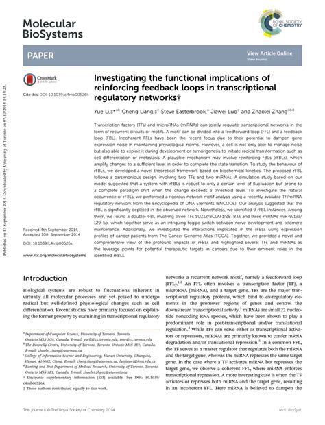 PDF Investigating Functional Implication Of Reinforcing Feedback Loops In Transcriptional