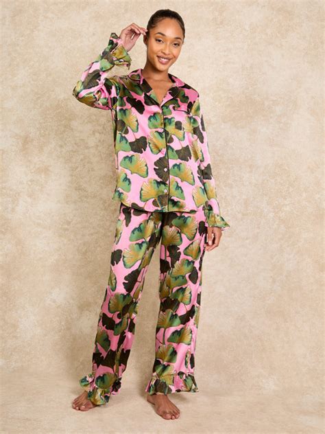 Womens Satin Frill Pyjamas Pink 30s Palms Their Nibs