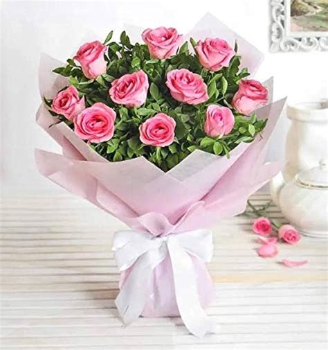 10 Pink Roses Bouquet Swastik Flower
