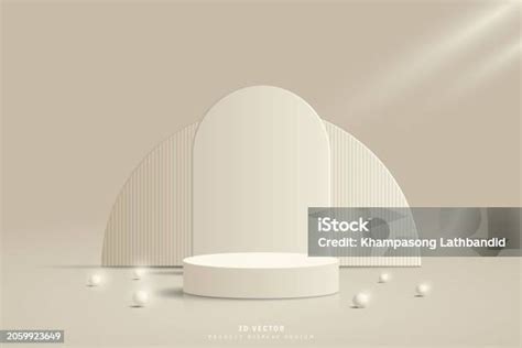 사실적인 크림색 3d 실린더 연단 받침대 무대 아치 모양 반원 배경 및 빛나는 구체 공으로 렌더링 된 스튜디오 룸의 3d 배경 제품 진열장을 위한 최소한의 벽 장면 강단에