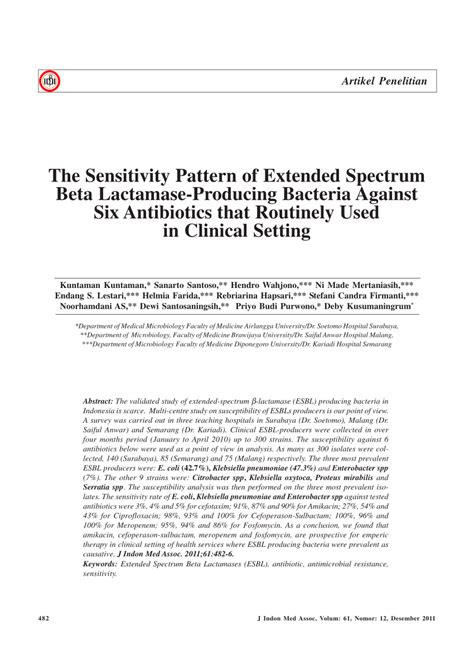 Pdf The Sensitivity Pattern Of Extended Spectrum Beta Lactamase